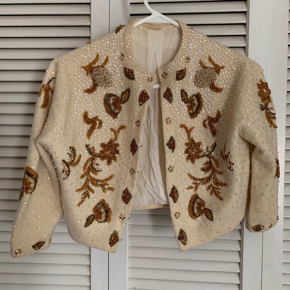 Rare Vintage 1950s 1960s Beaded Cropped Wool Cardigan… - Gem